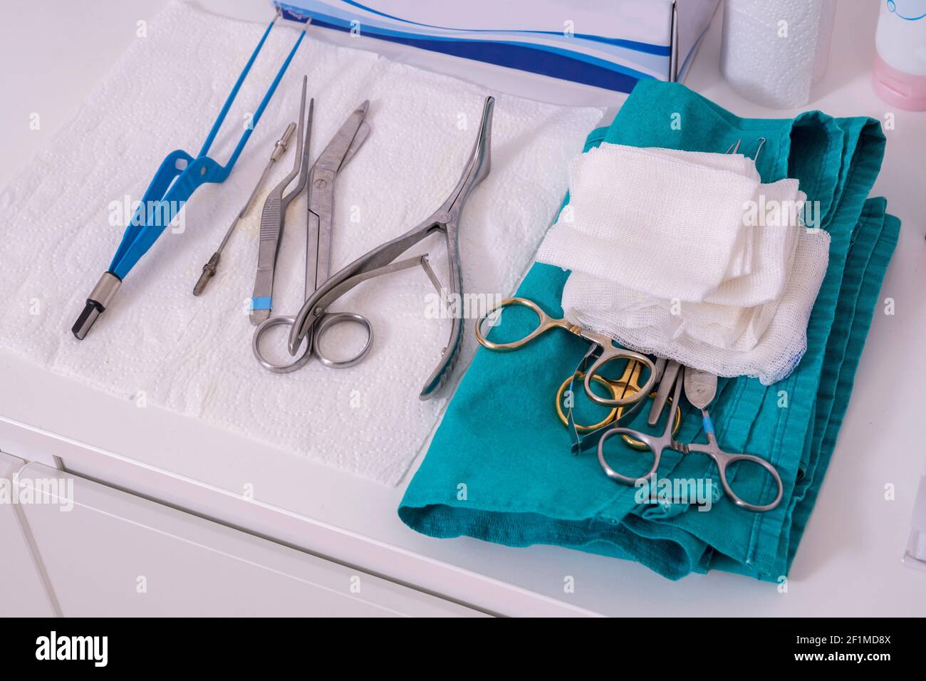 Top view on surgery operation equipment in a clinic. Many sharp and ...
