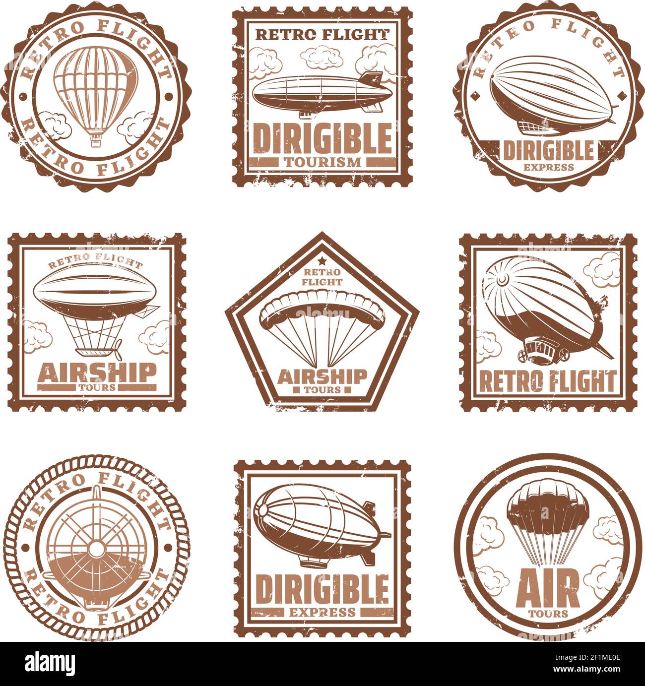 Vintage airship stamps set with blimps or zeppelins hot air balloons ...