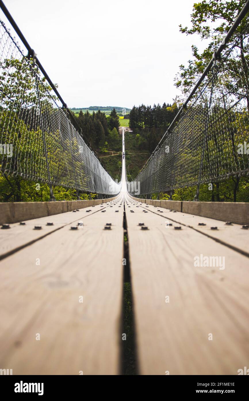 A vertical shot of the long hanging Geierlay Suspension Bridge in ...