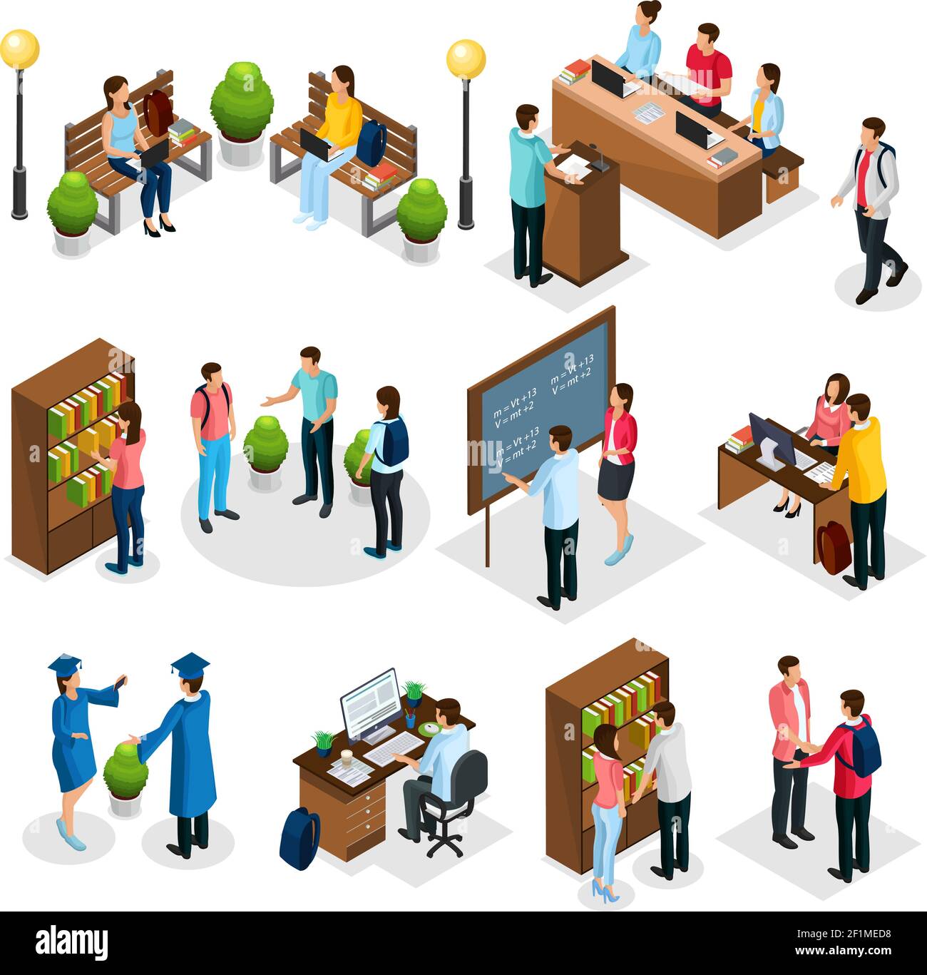 Isometric students in university set with graduates people learning ...