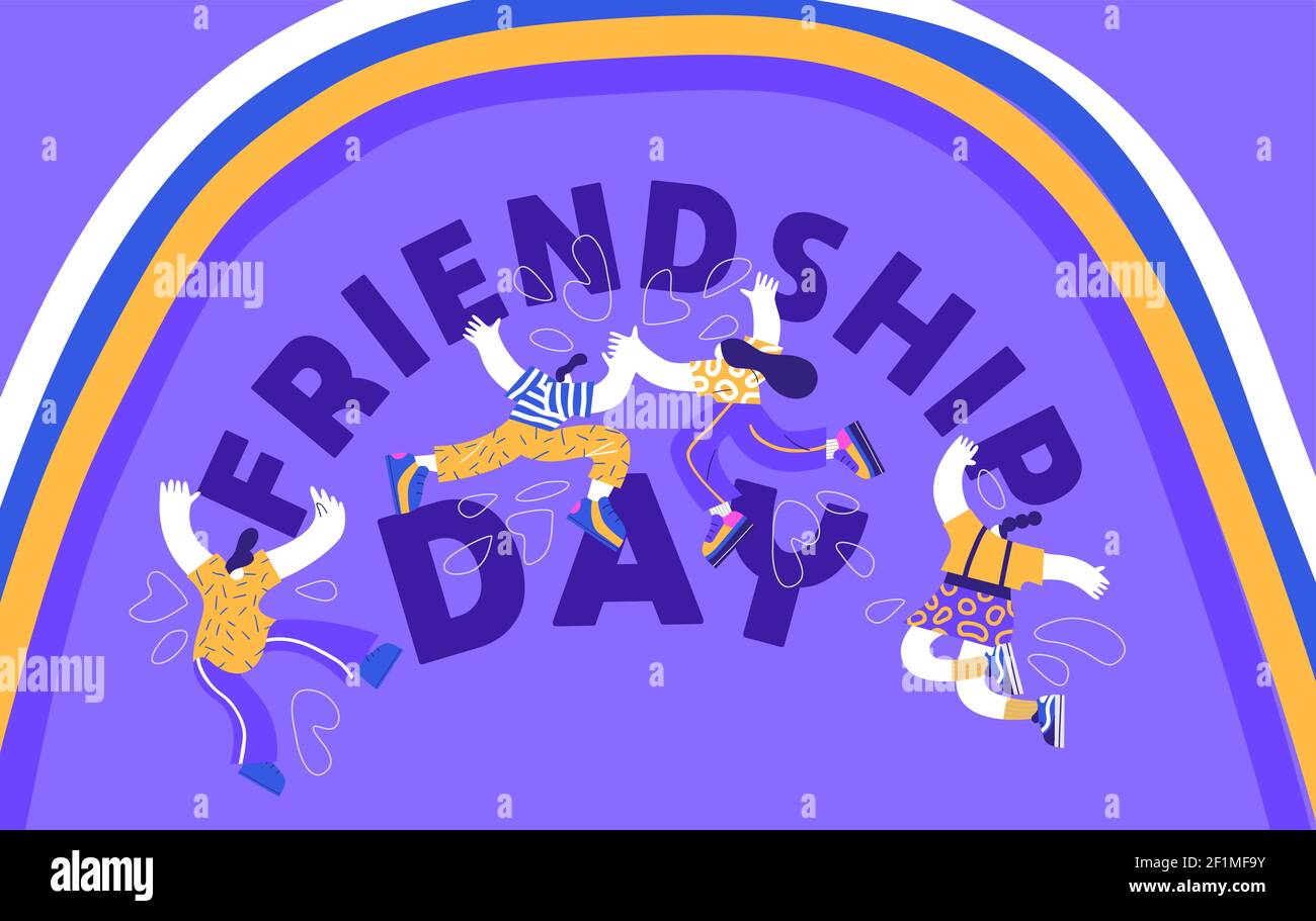Friendship Day greeting card illustration, diverse friend group doing ...
