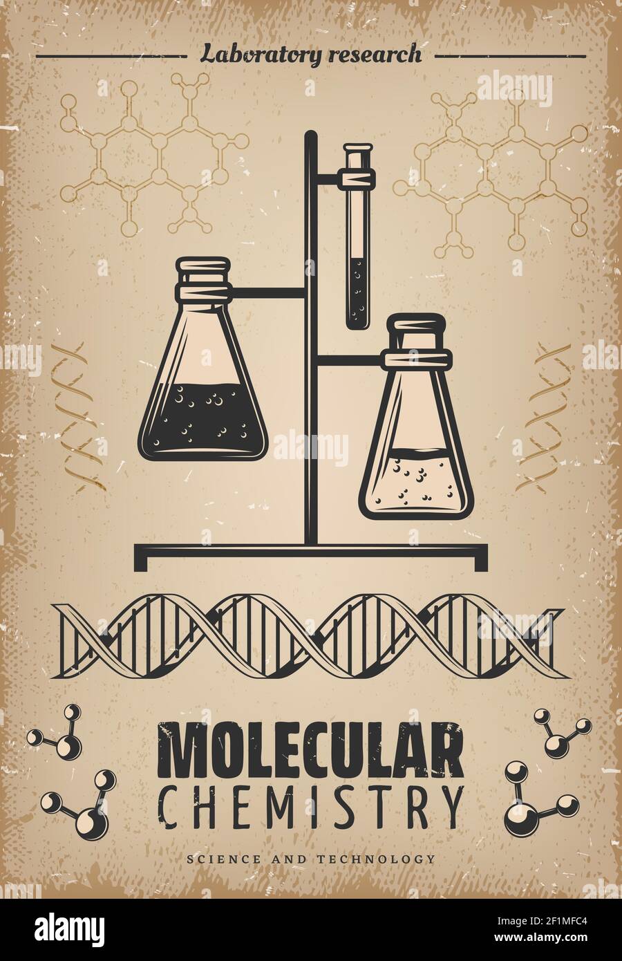 Vintage laboratory research poster with glass tubes flasks dna and ...