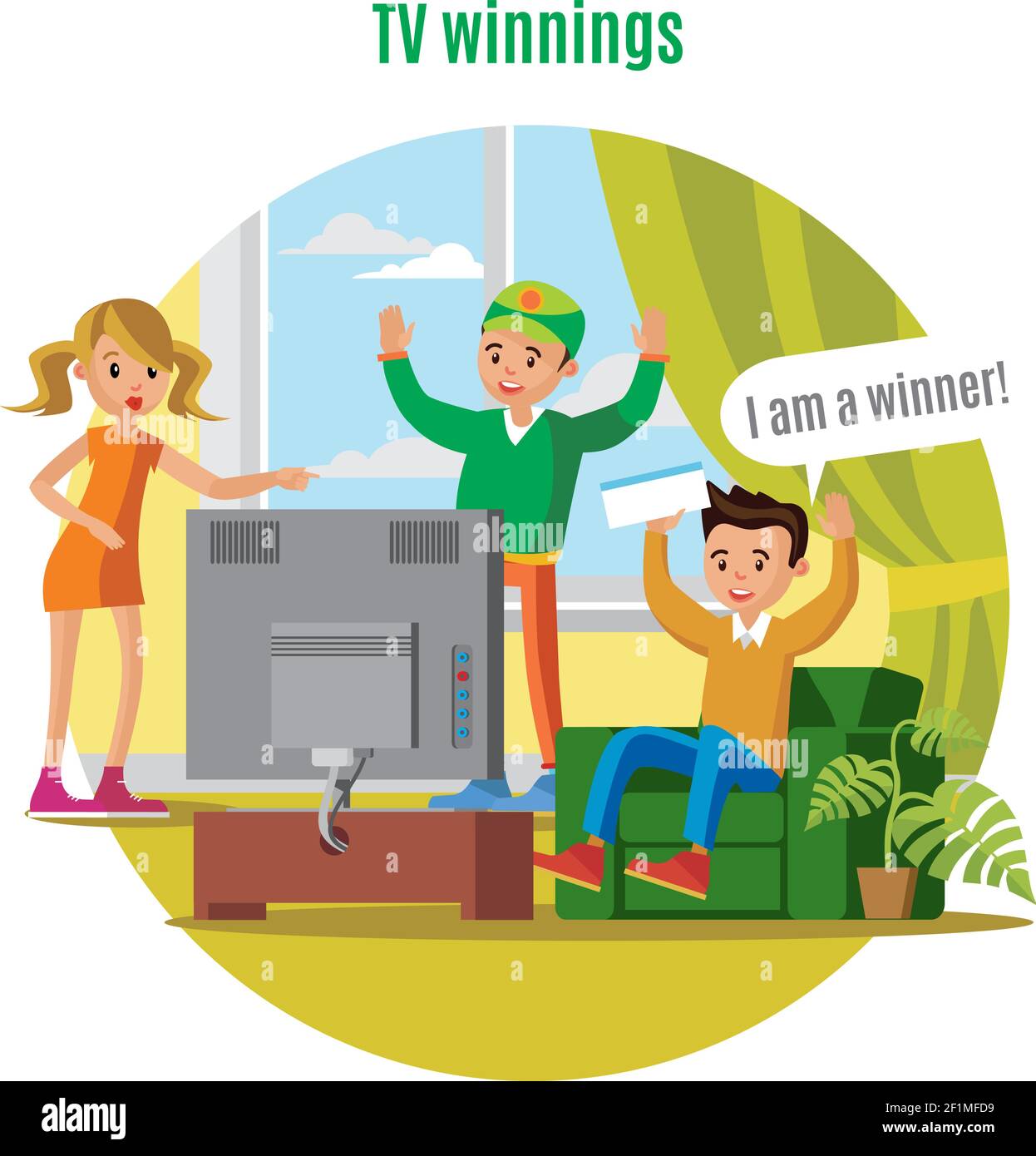 Tv lottery win concept with winner sitting in front of television and ...