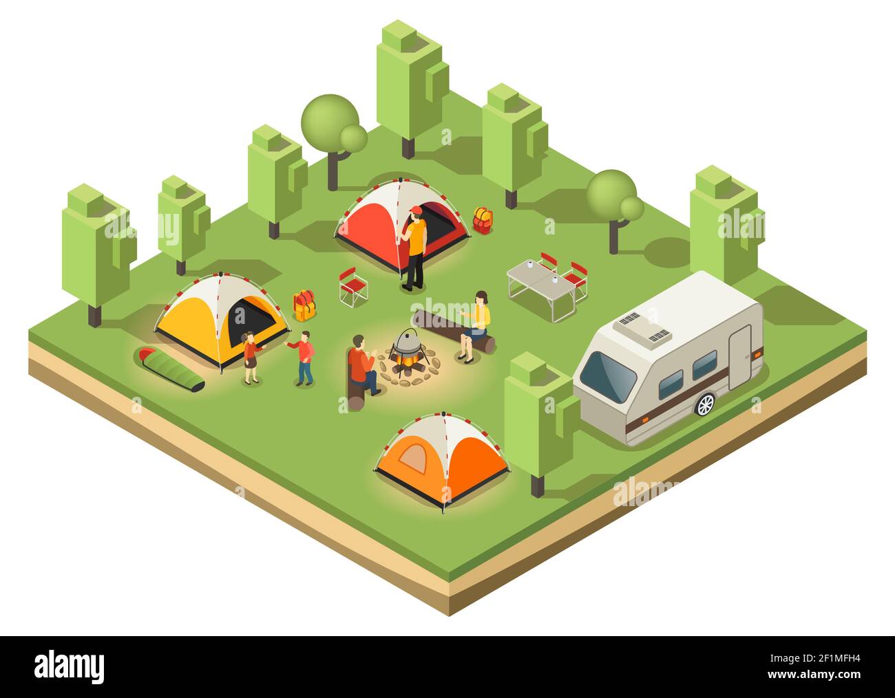 Isometric traveling camping concept with relaxing family tents food ...