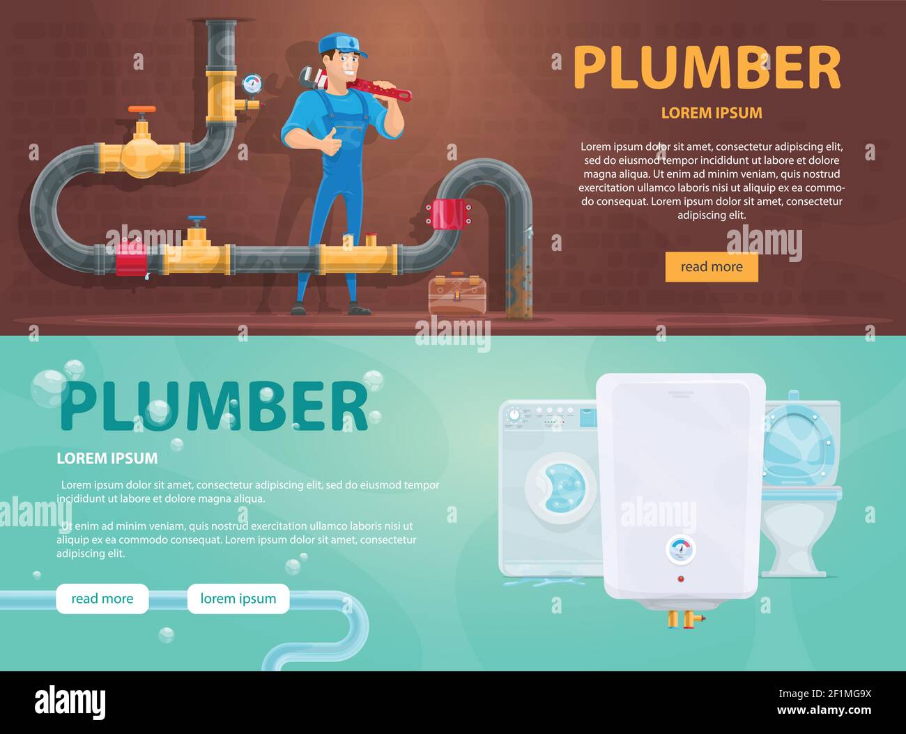 Colorful plumbing horizontal banners with plumber repairing clogging ...