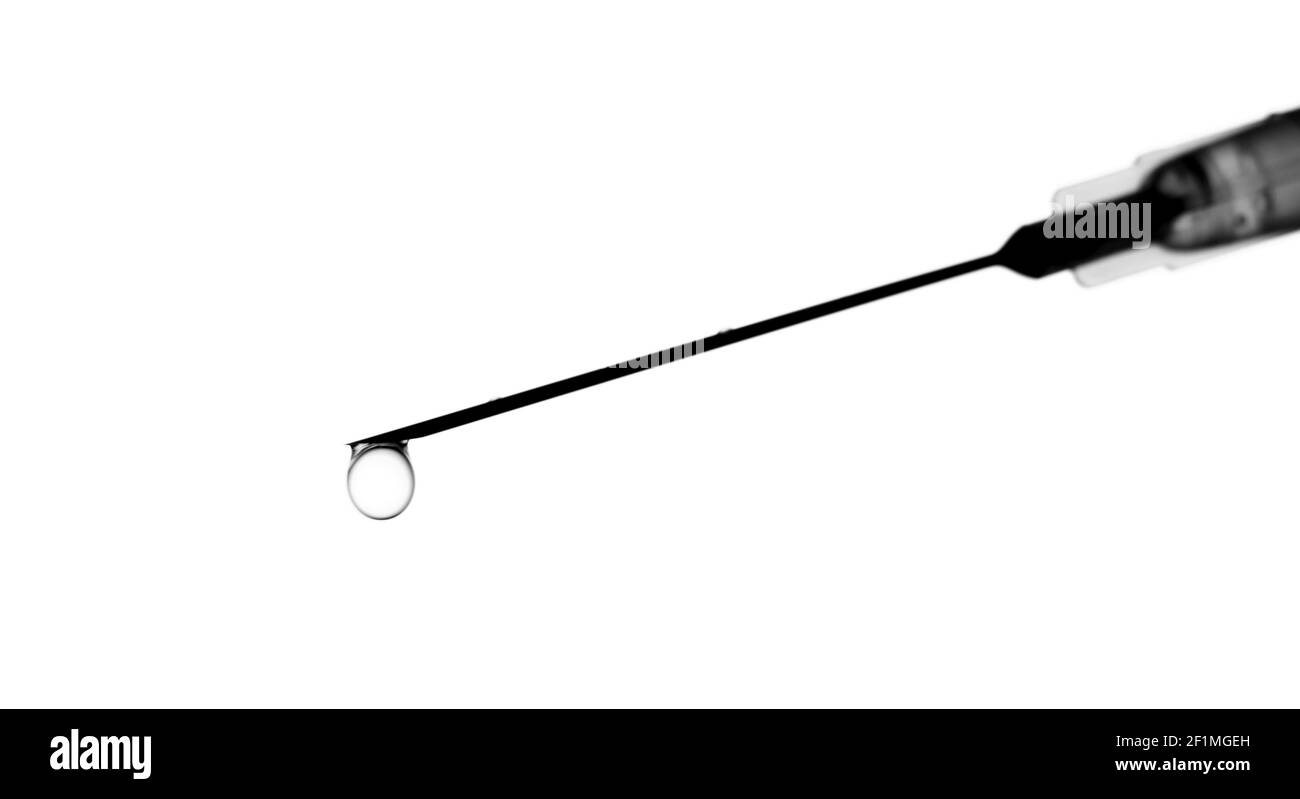 Syringe needle with drop isolated on white background. Monochrome ...