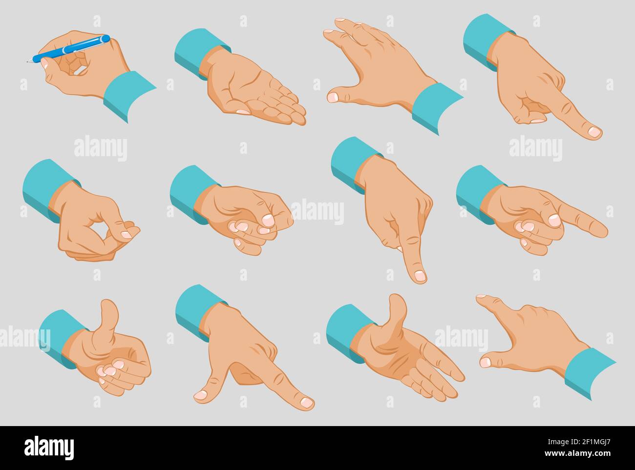 Male hands collection with different gestures and signals in isometric ...