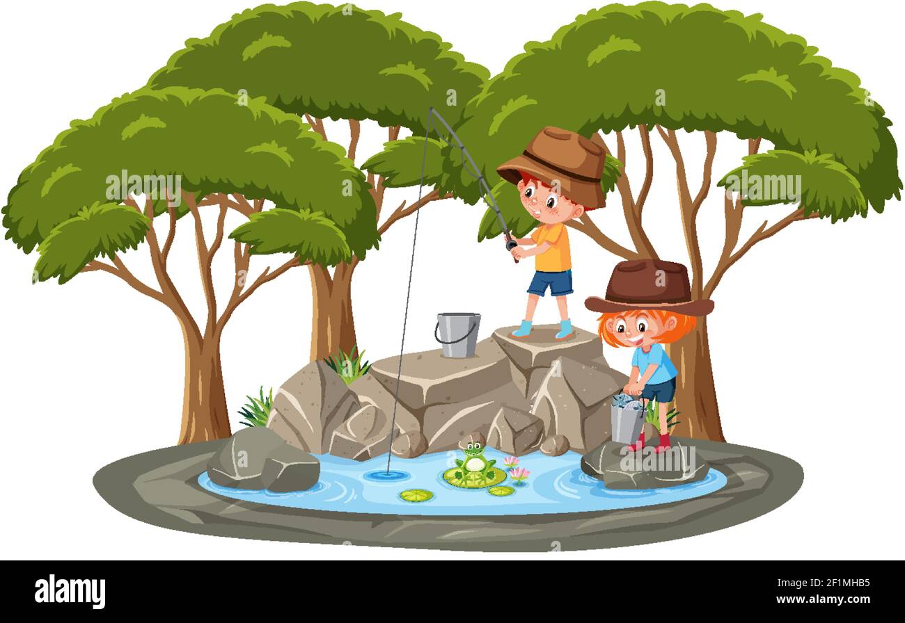 Isolated scene with children fishing at the pond illustration Stock ...