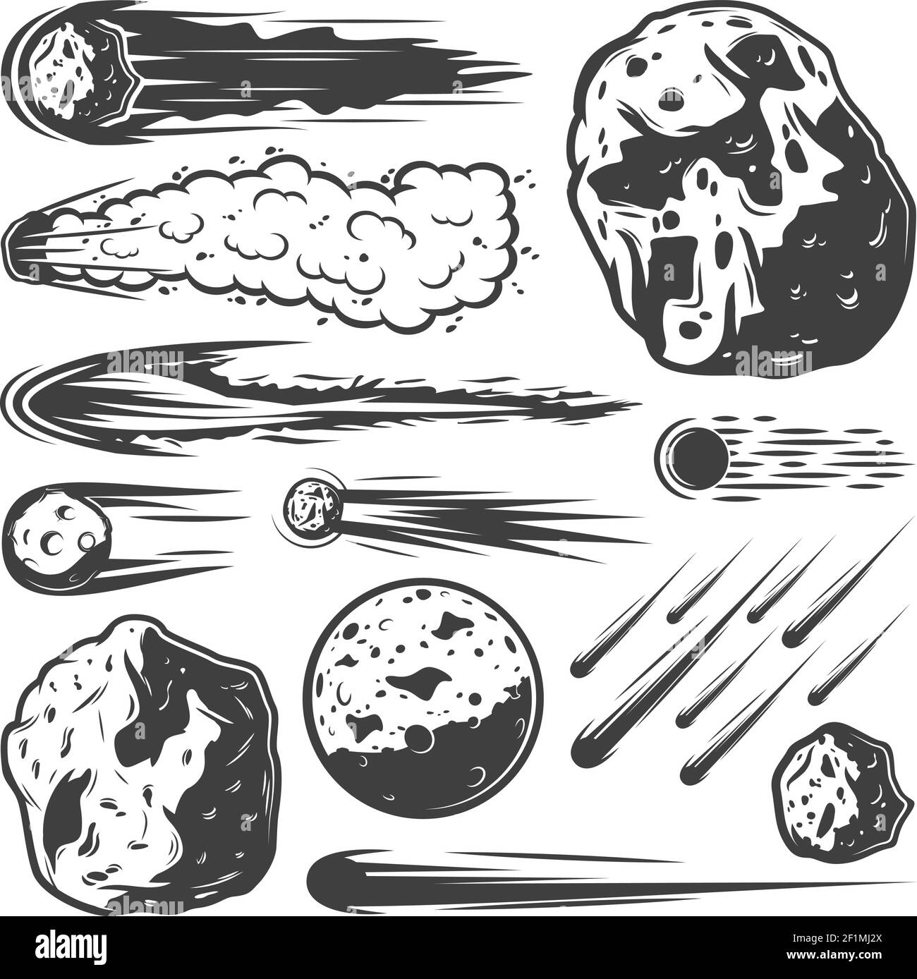 Vintage meteors collection with falling comets asteroids and meteorites ...