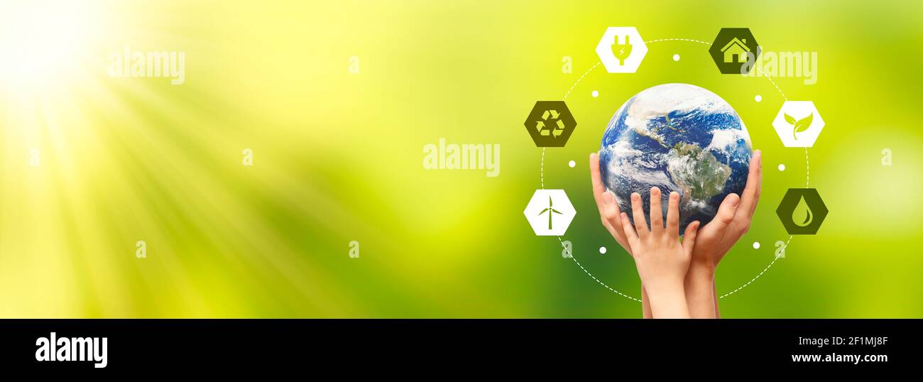 Earth globe in family hands. Environmental protection concept. Elements ...