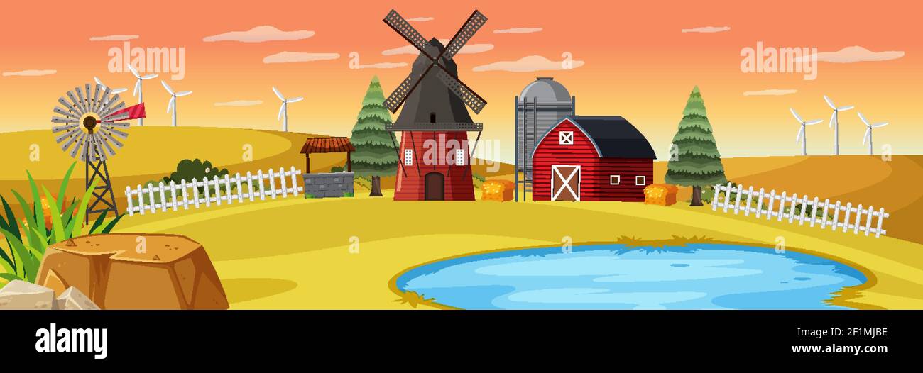 Rural farm scene at sunset illustration Stock Vector Image & Art - Alamy