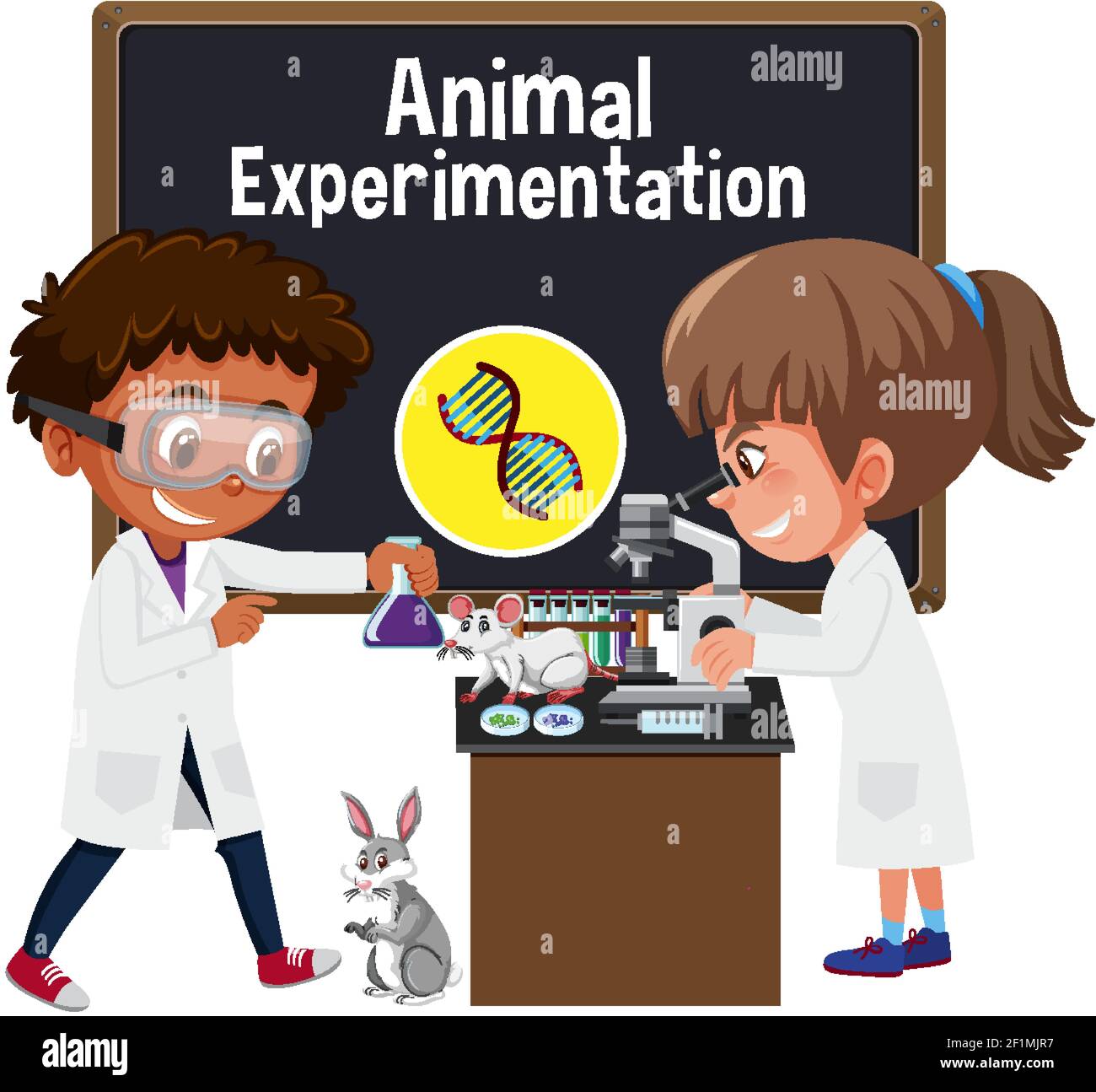 Young scientist doing experimentation with animal illustration Stock ...