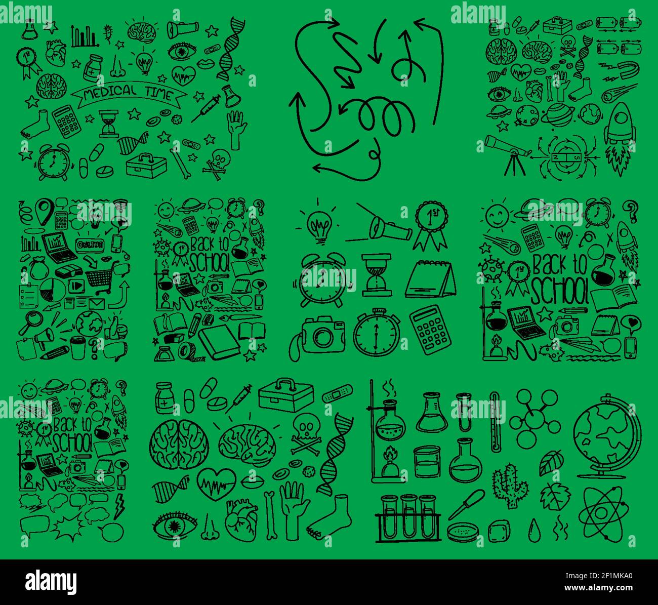 Set of object and symbol hand drawn doodle on green background ...