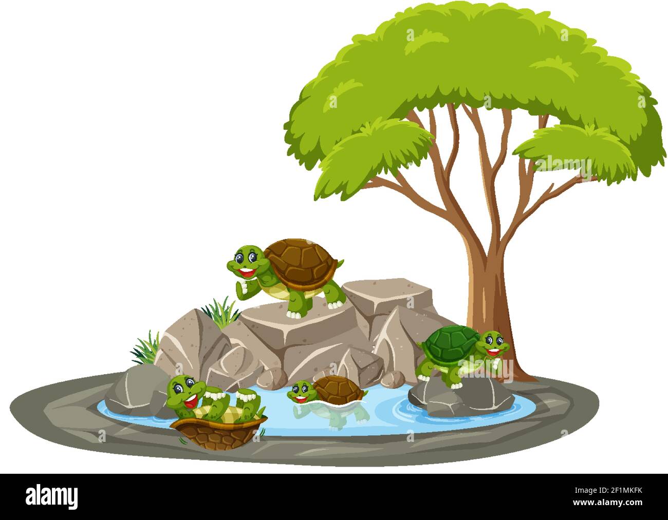 Isolated scene with many turtles around the pond illustration Stock ...