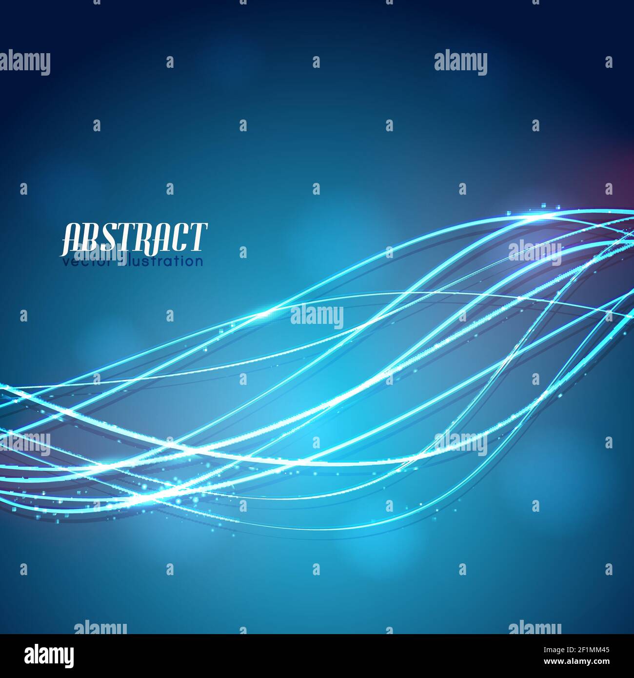 Abstract glowing curved lines with white sparkles on blurred blue ...