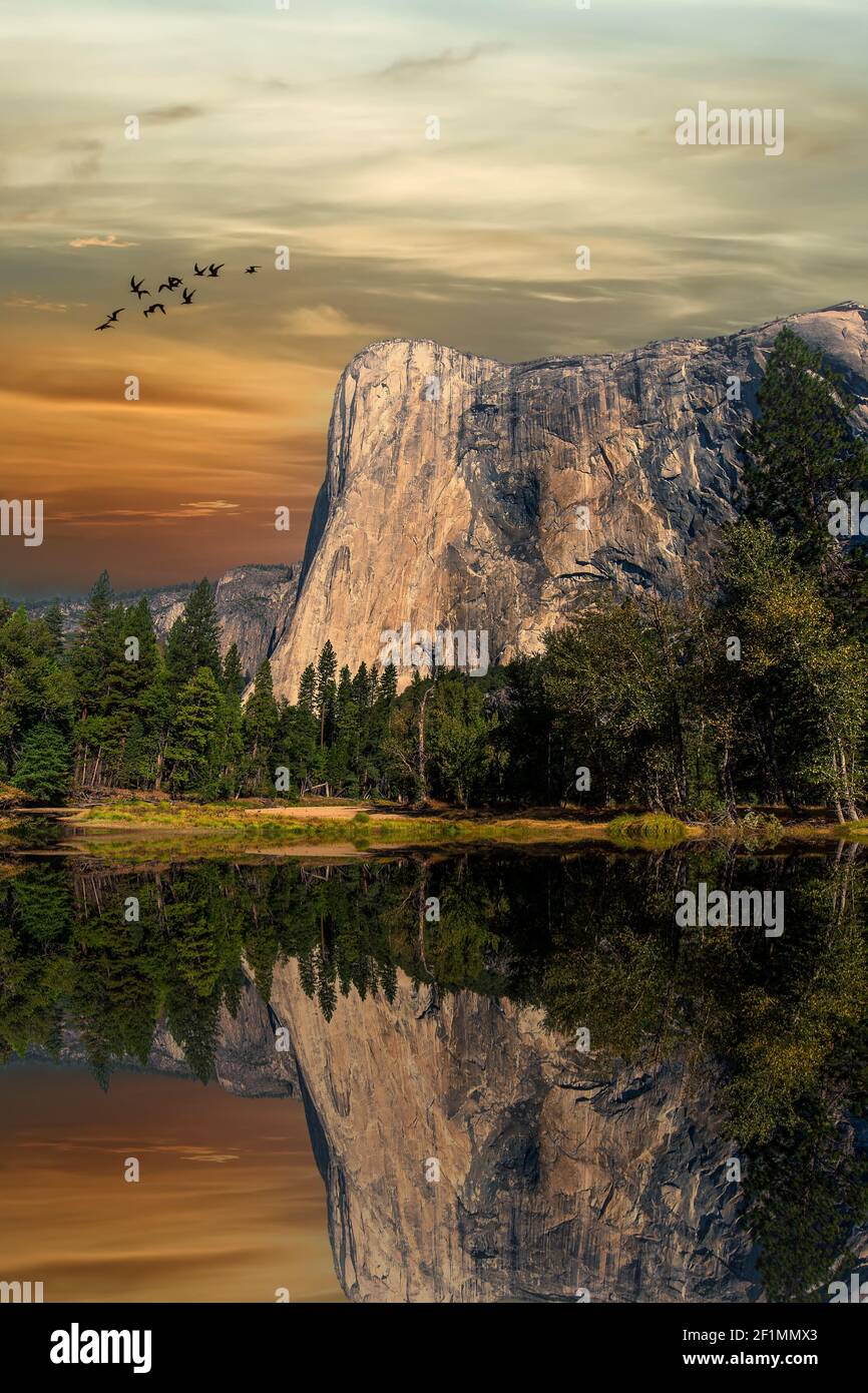 World famous rock climbing wall of El Capitan, Yosemite national park ...