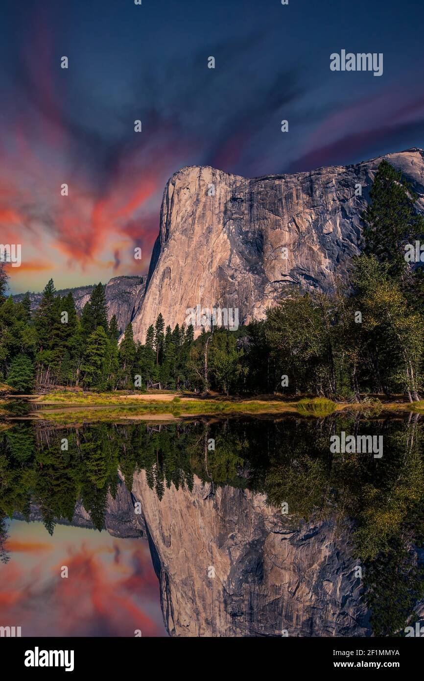 World famous rock climbing wall of El Capitan, Yosemite national park ...
