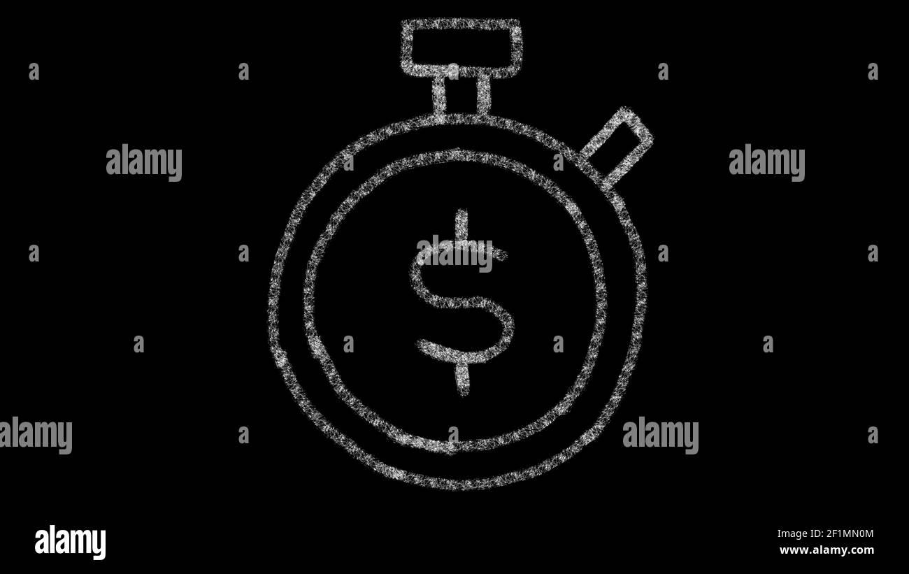 Clock and money icon drawn with drawing style on chalkboard, animated ...