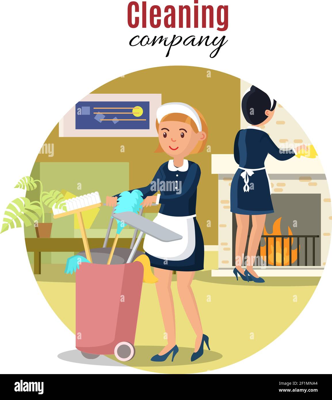 Colorful cleaning service concept with maids household equipment and ...