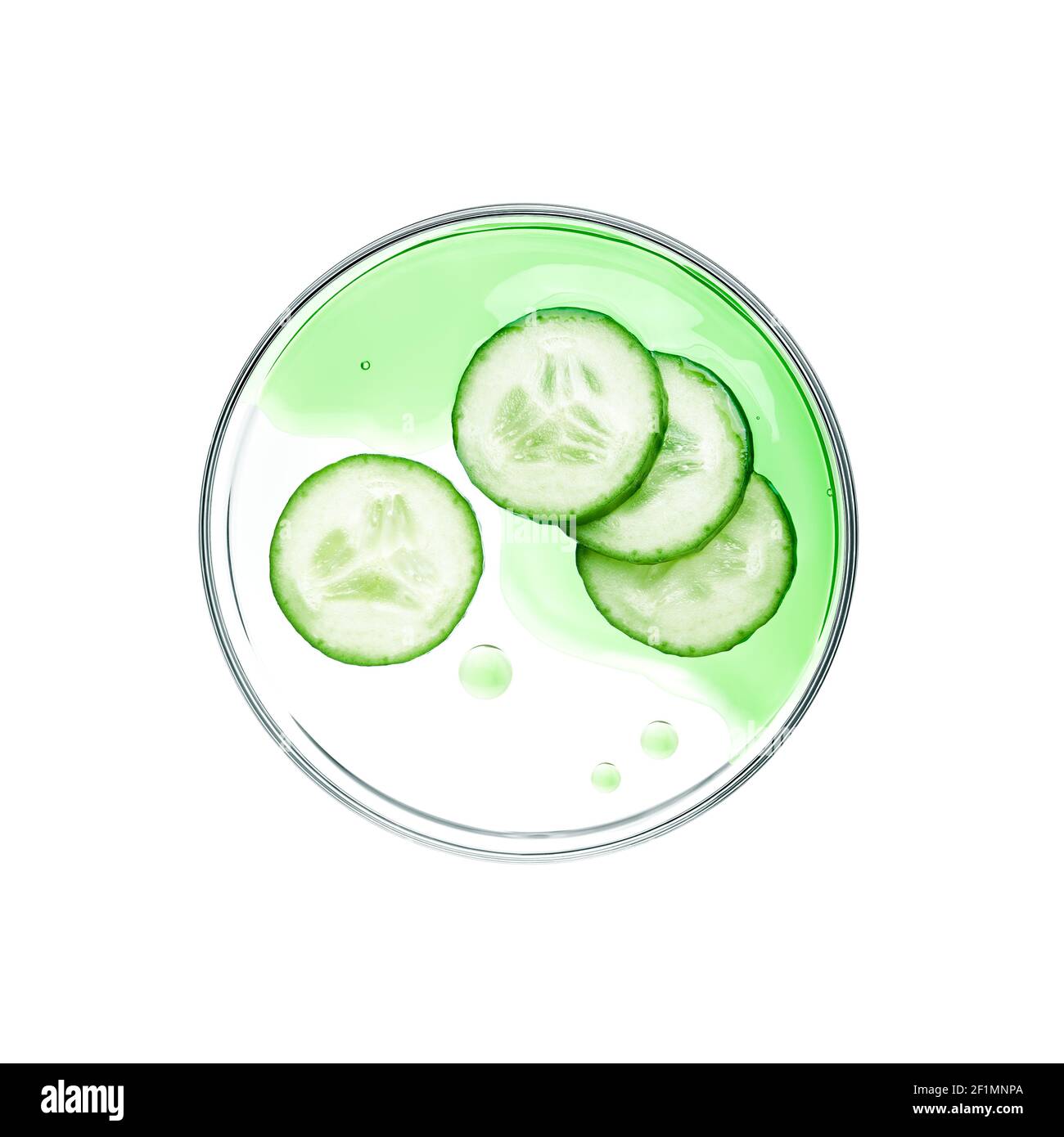 Sliced cucumbers with essence on petri dish over white background Stock ...