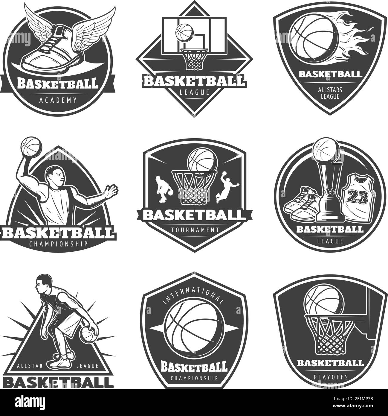 Monochrome vintage basketball labels set with players game equipment ...