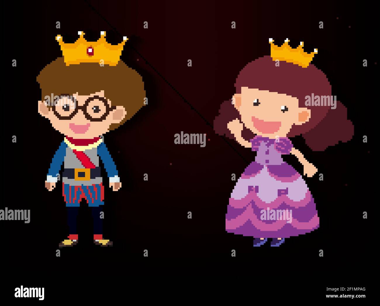 Little prince and princess cartoon character on red background ...