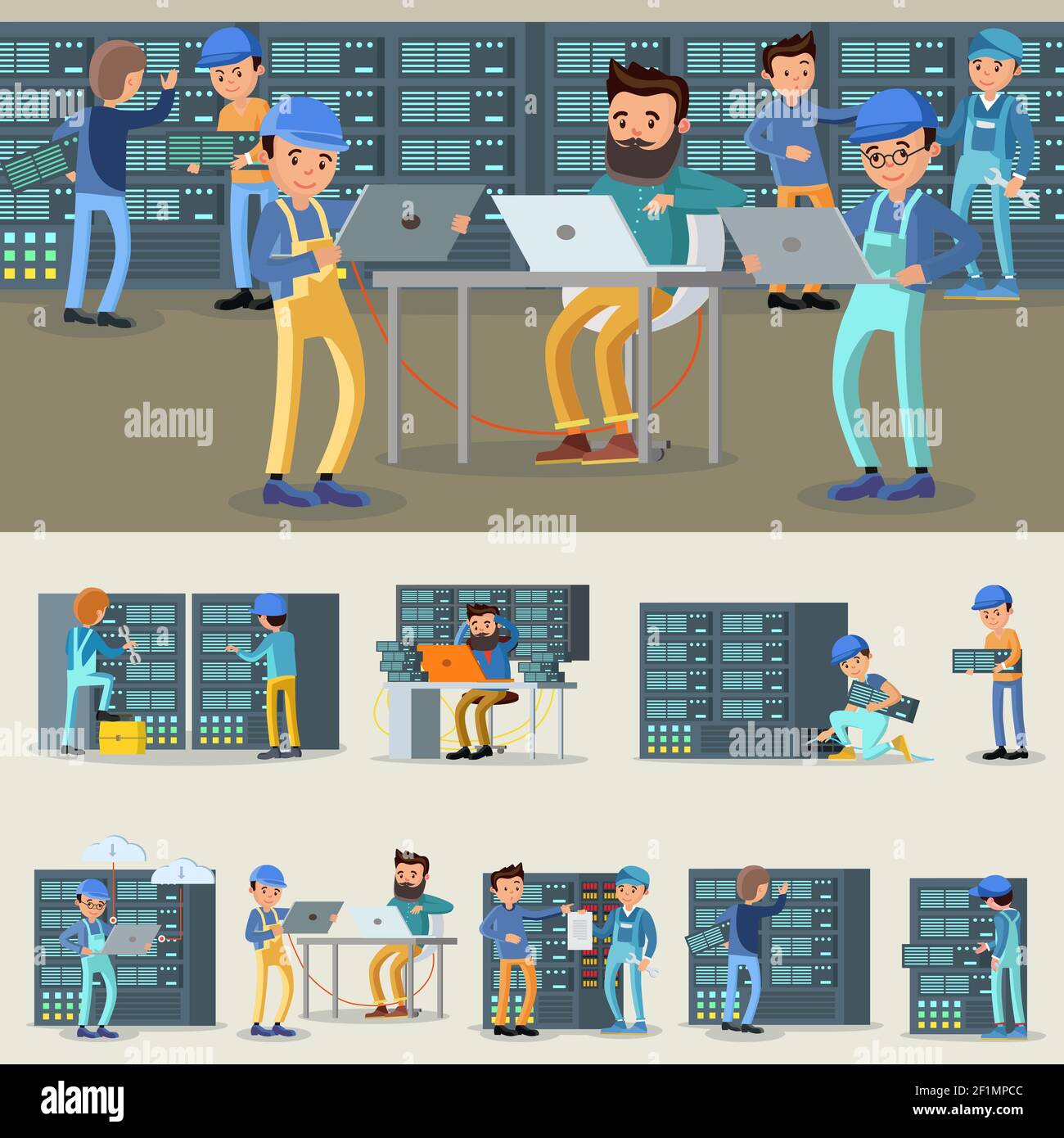 Datacenter professional workers collection with engineers repairing and ...