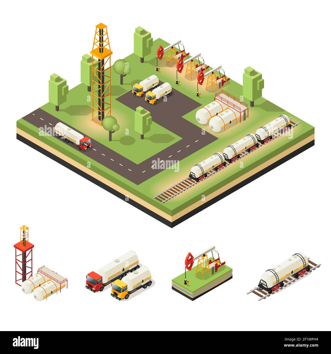 Colorful isometric oil extraction composition with tankers trucks ...