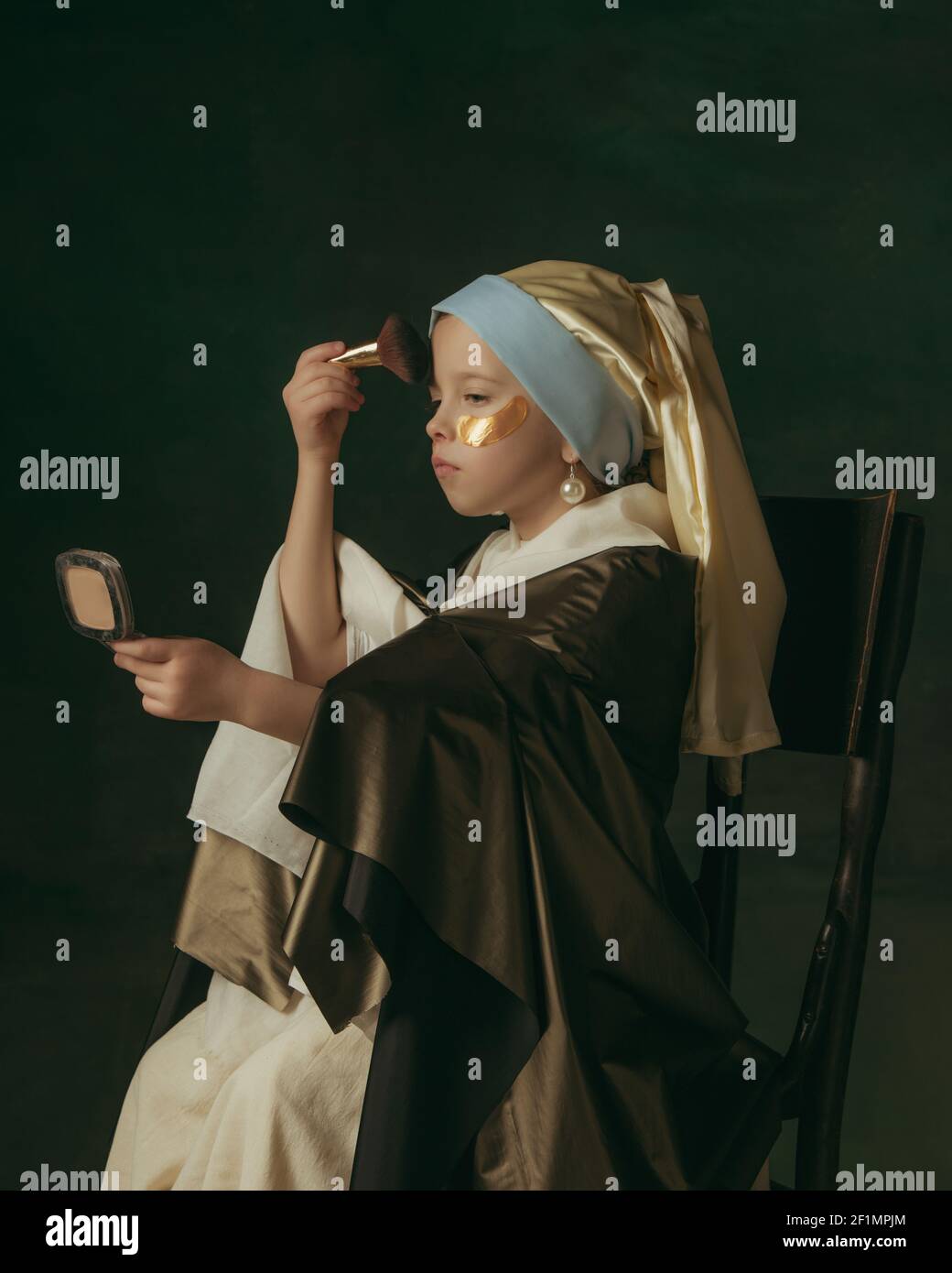 Using golden eye patches, face powder. Medieval little girl as lady ...