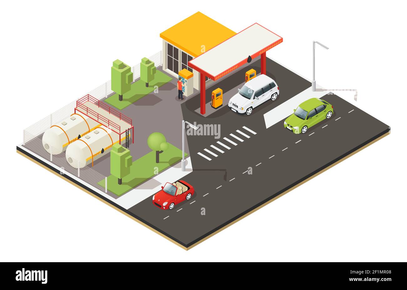 Isometric petrol fuel station concept with refilling cars barrels ...