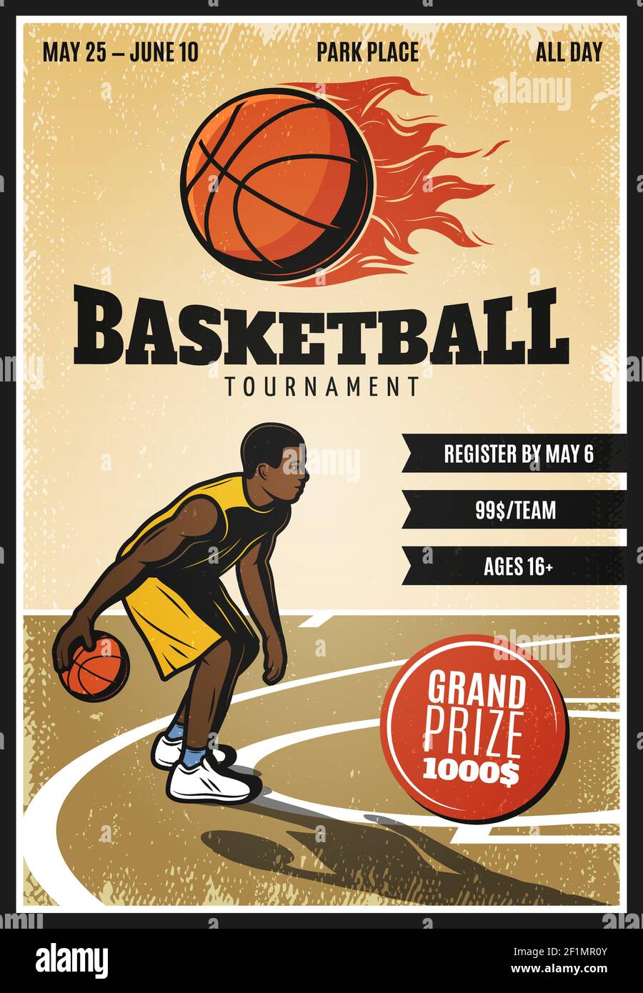 Colored vintage basketball championship poster with player dribbling on ...
