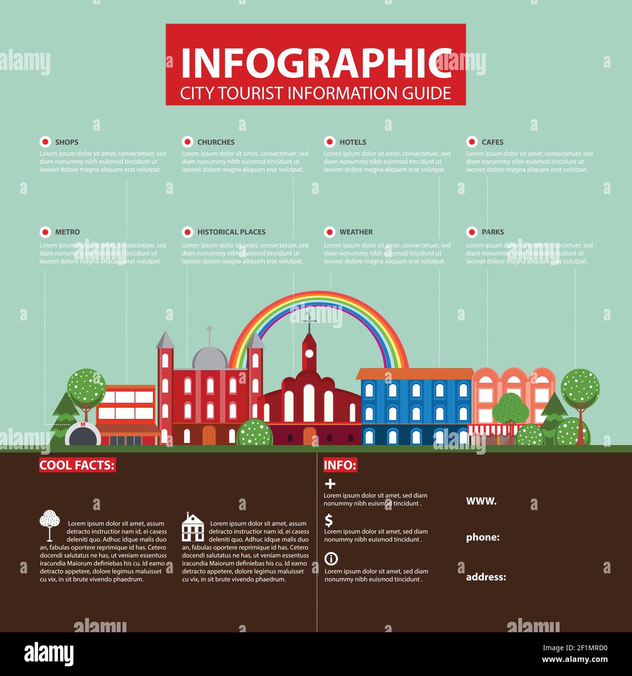Flat travel city infographic concept with buildings trees rainbow and ...