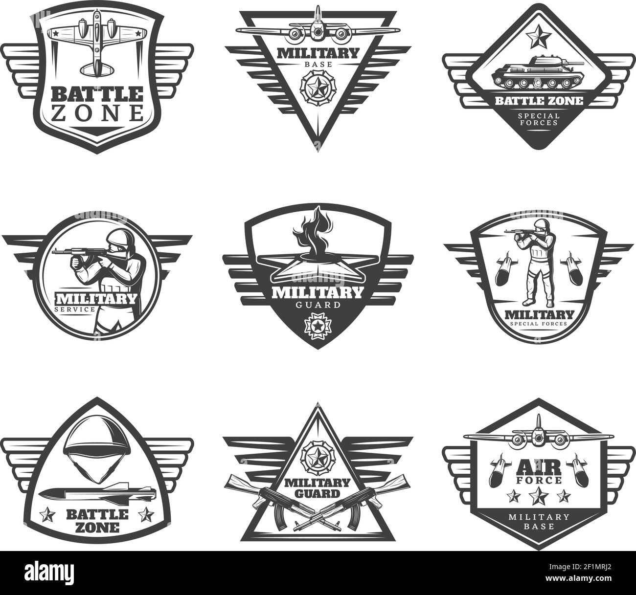Vintage monochrome military labels set with battle vehicles weapons ...