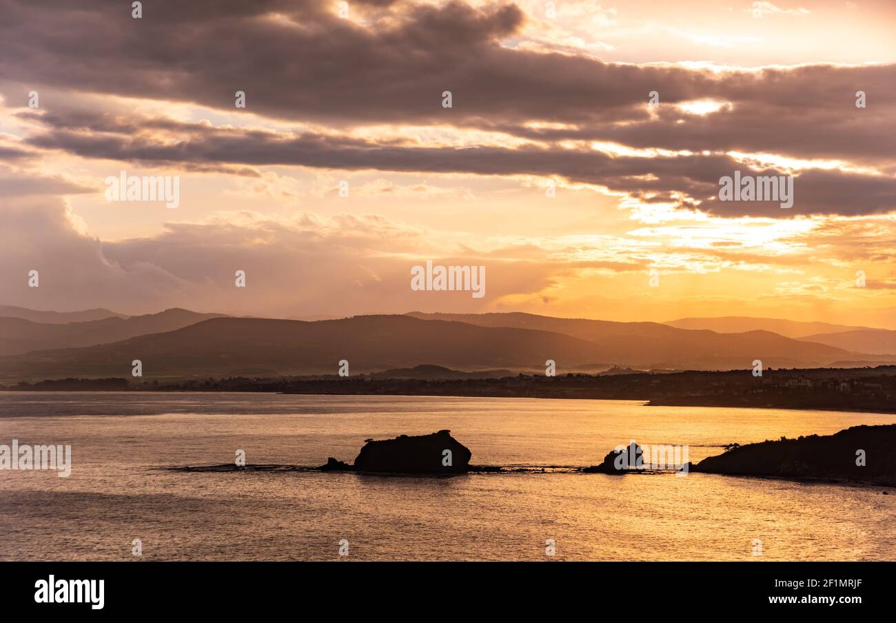 Beautiful sunset, Akamas, Cyprus. Tourist resort with sand beaches and ...