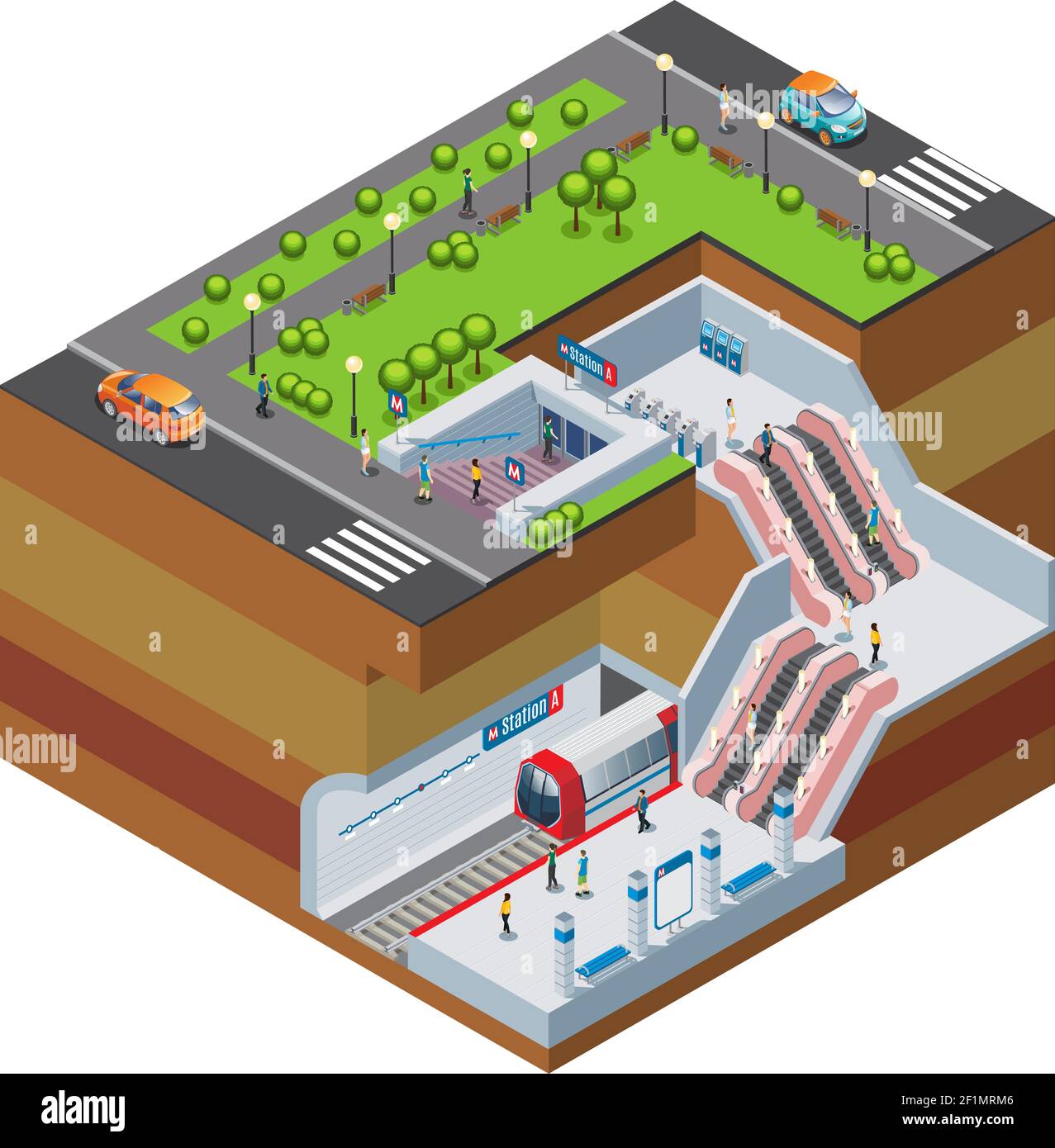 Isometric metro station concept with train subway escalator gate ticket ...
