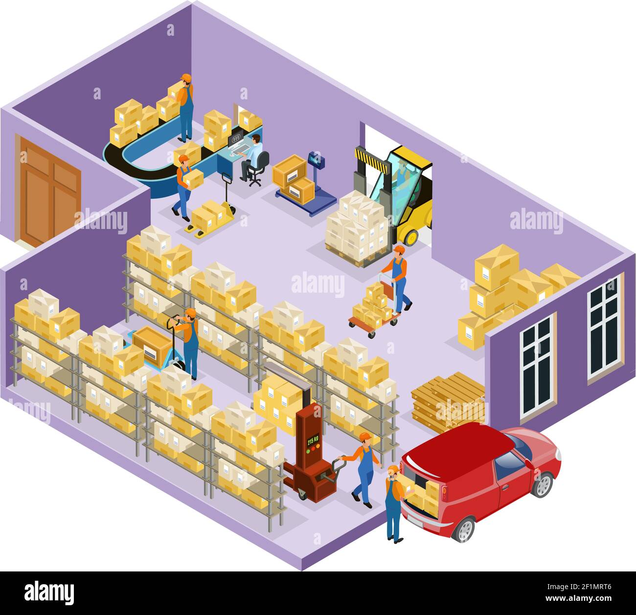 Isometric warehouse logistic template with workers transporting goods ...