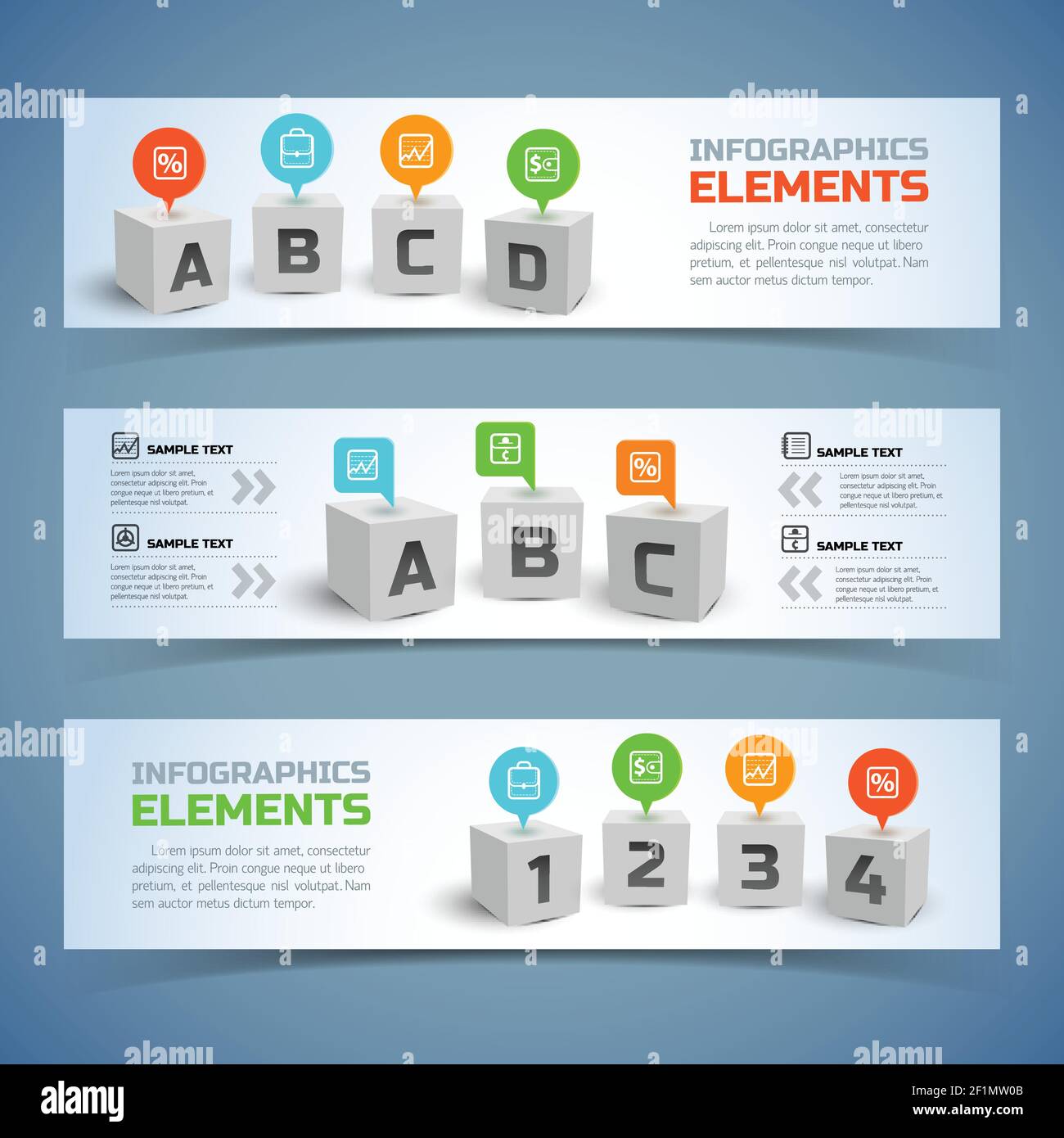 Cubes infographic horizontal banners with 3d squares text icons and ...