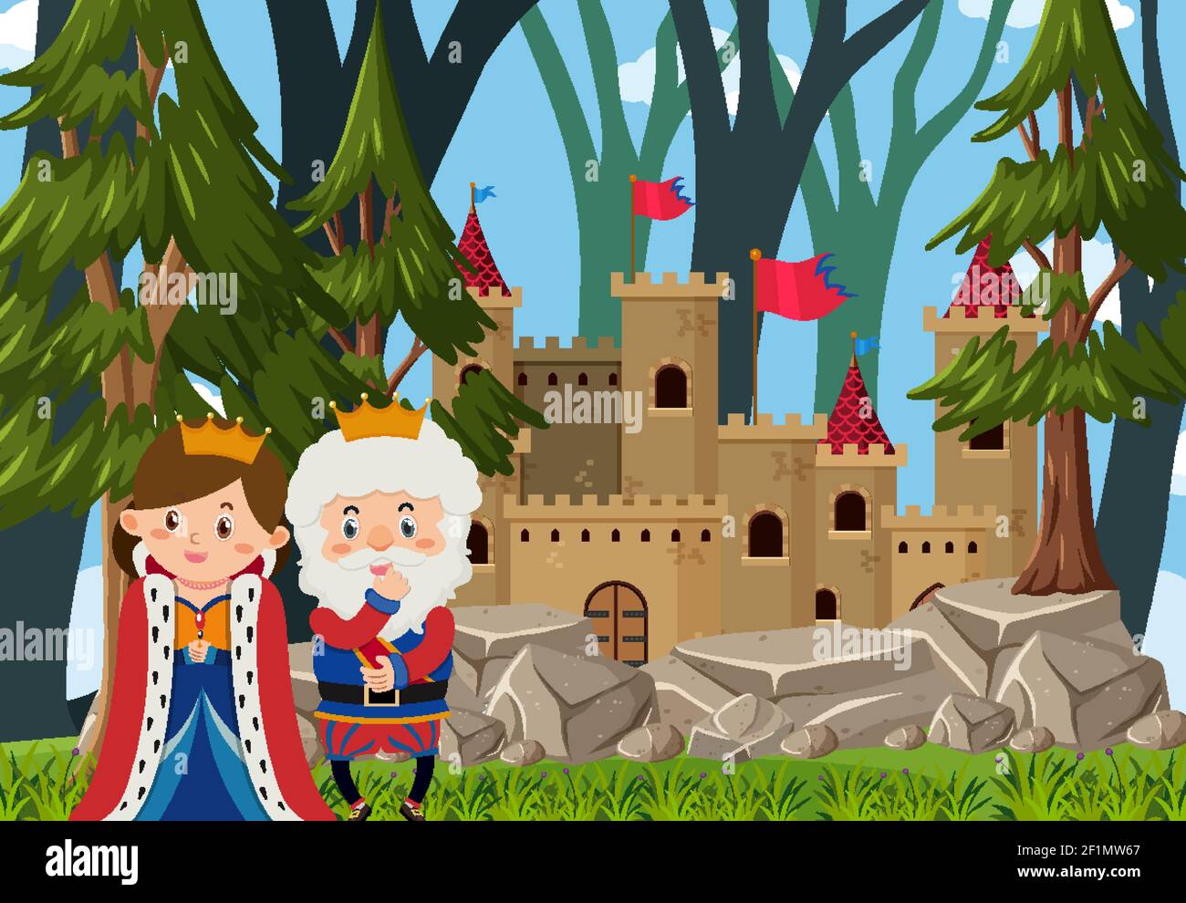 Outdoor castle scene with king and queen cartoon character illustration ...