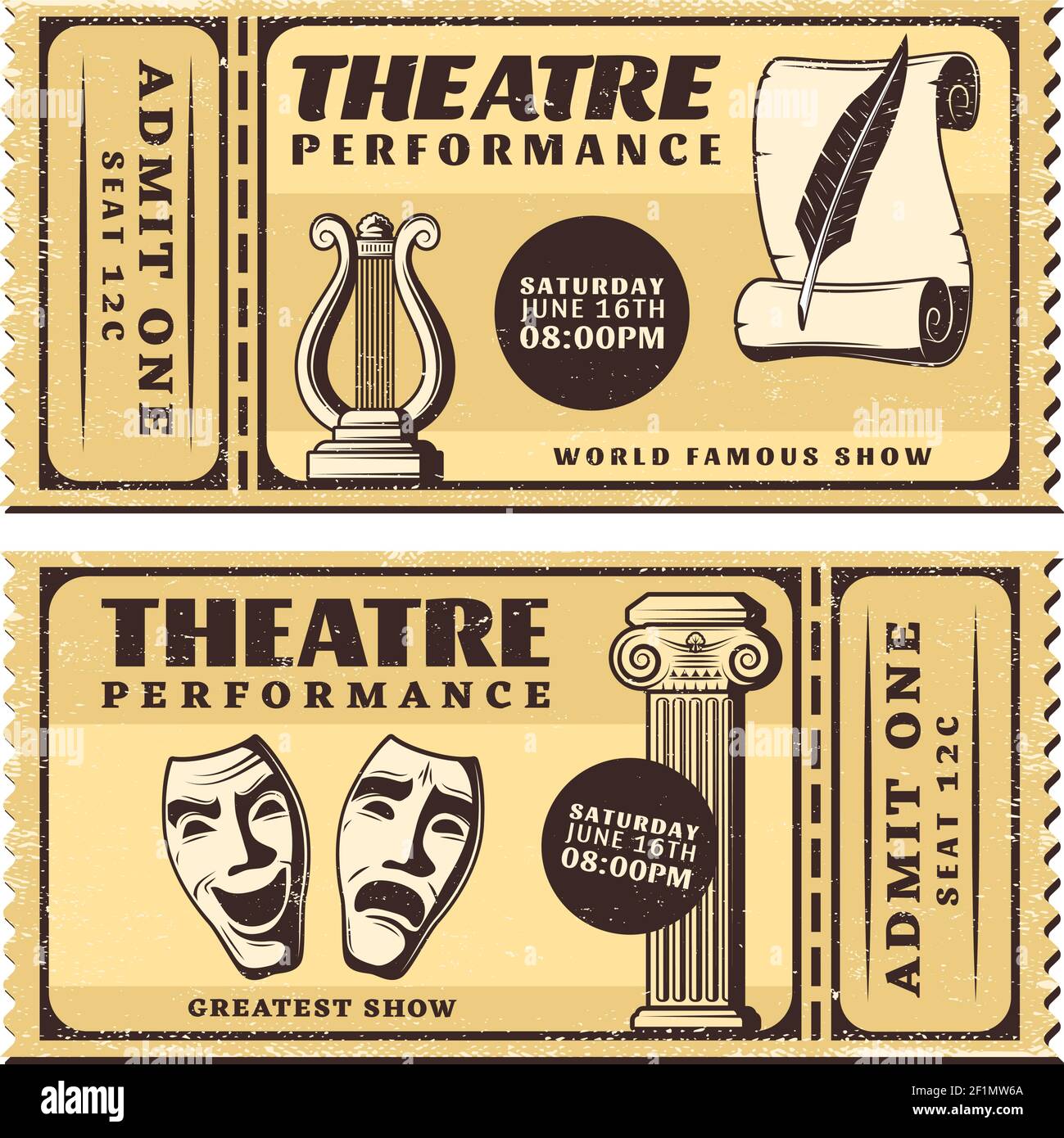 Vintage theatre performance horizontal advertising tickets with masquerade masks paper scroll ...
