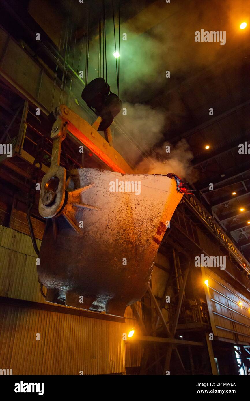 Copper metallurgical plant. Metallurgical bucket in factory workshop ...