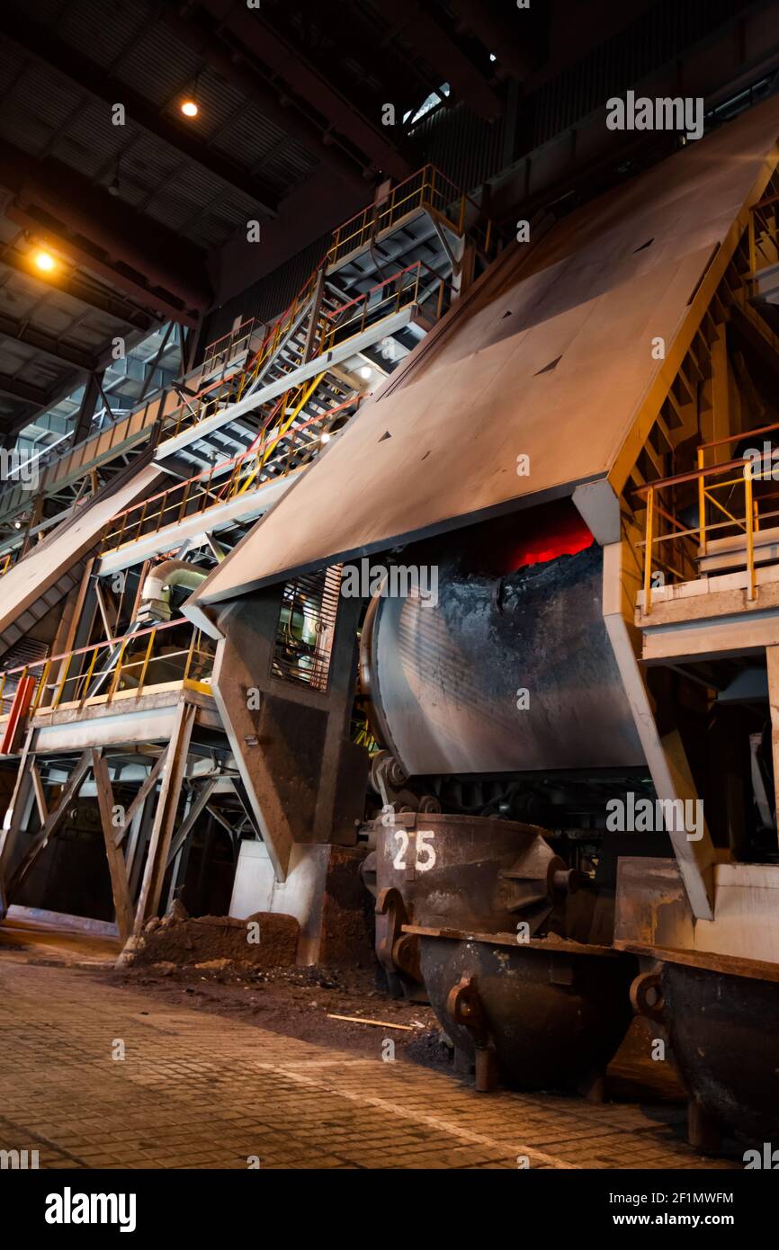 Copper metallurgical factory workshop. Melting copper with Pierce-Smith ...