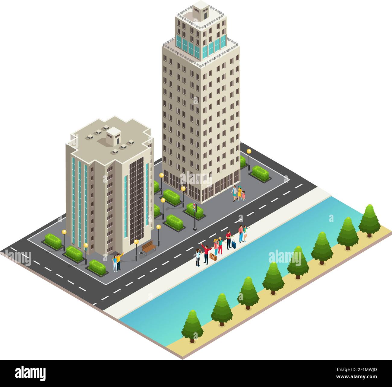Isometric travel concept with happy tourists standing on riverside in ...