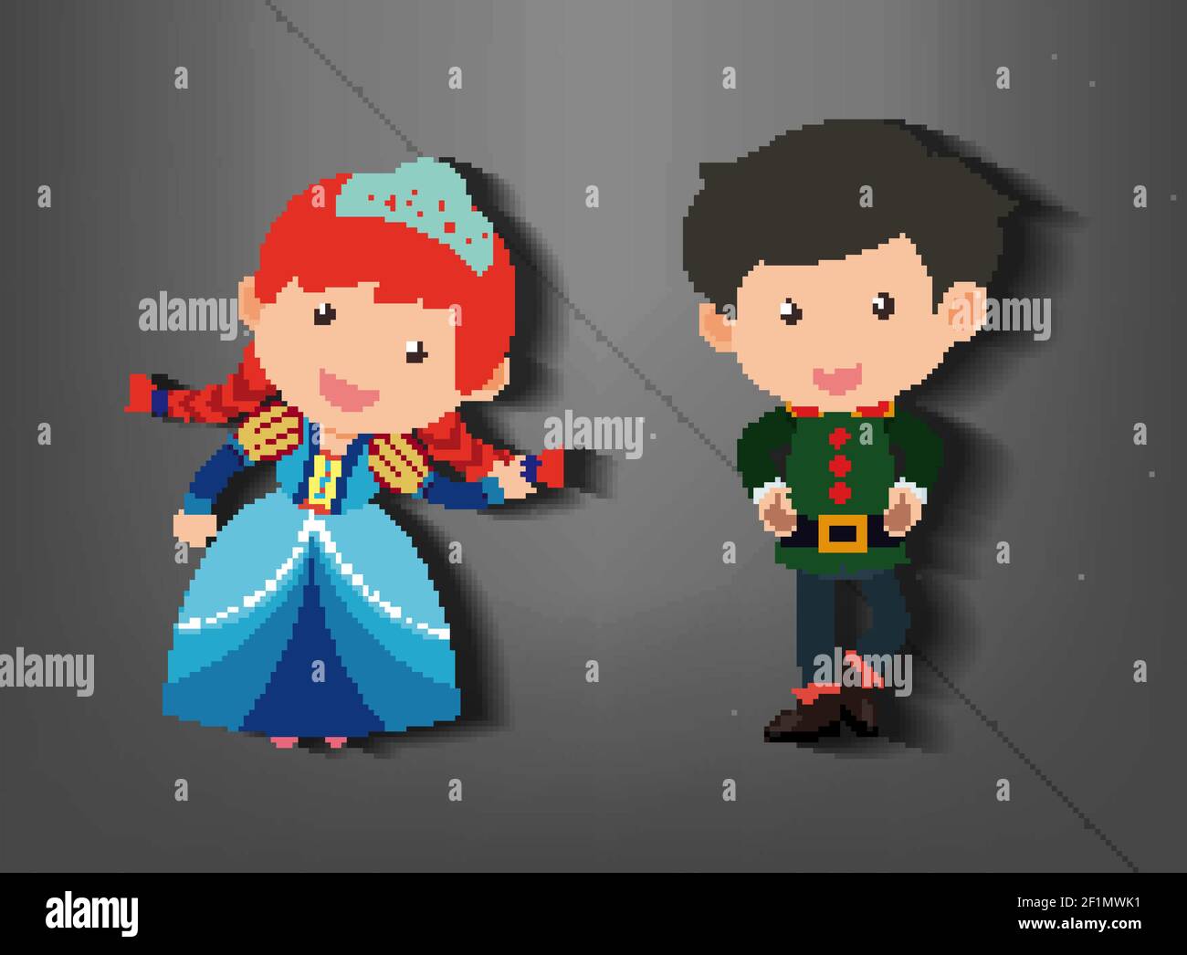 Little princess and guard cartoon character on grey background ...