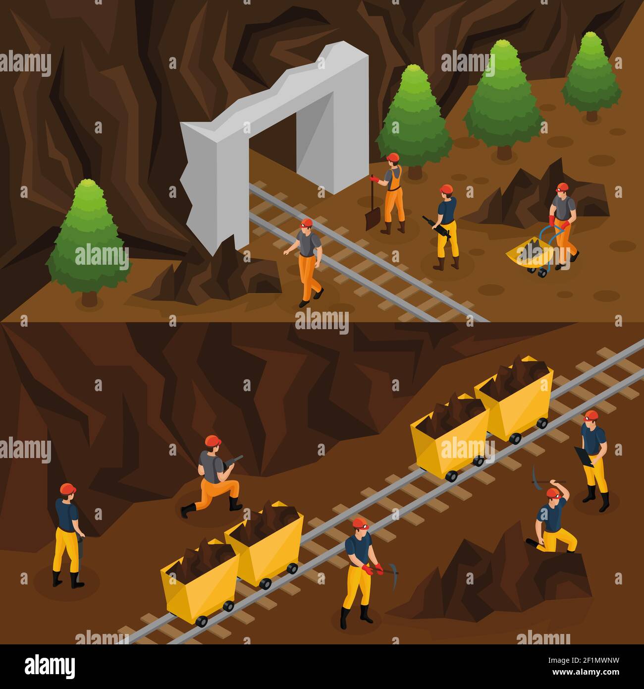 Isometric coal extraction industry horizontal banners with miners ...