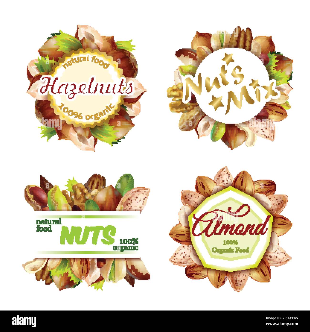 Premium colorful natural nuts labels set with walnut peanut almond ...