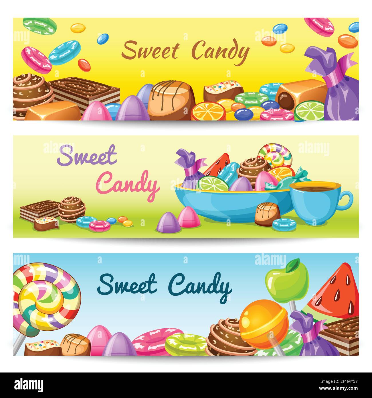 Three isolated colored horizontal sweet candy banner set with ...