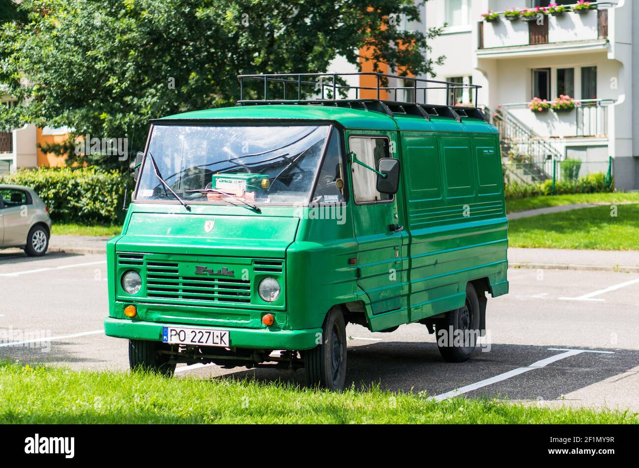 POZNAN, POLAND - Aug 10, 2017: Green Polish classic Zuk van parked on a ...