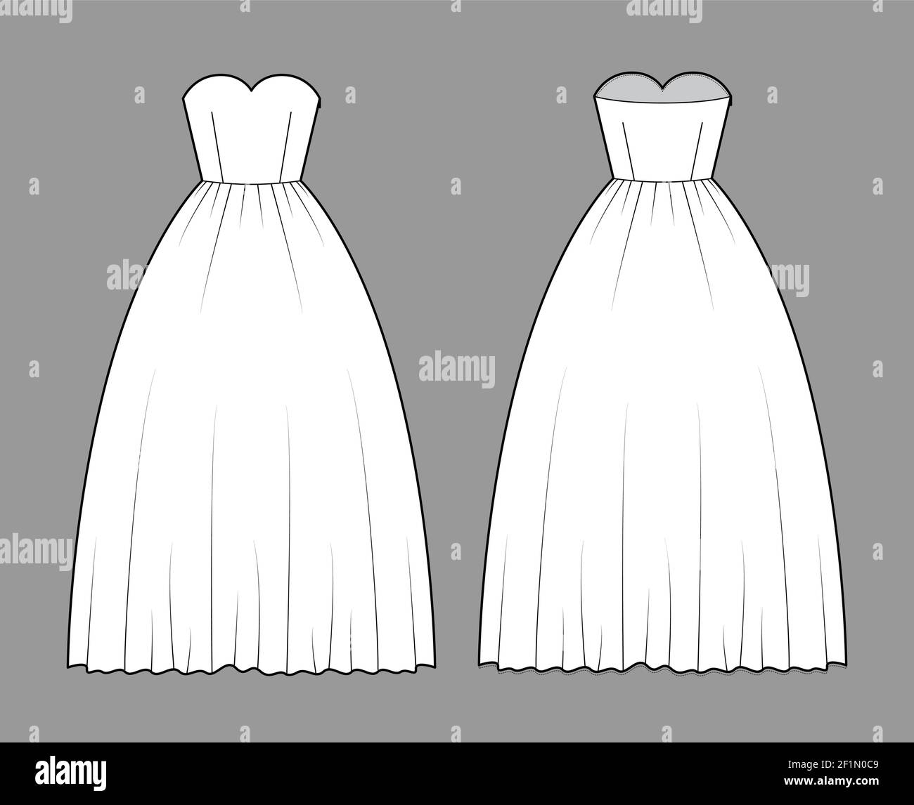 Crinoline dress technical fashion illustration with strapless ...