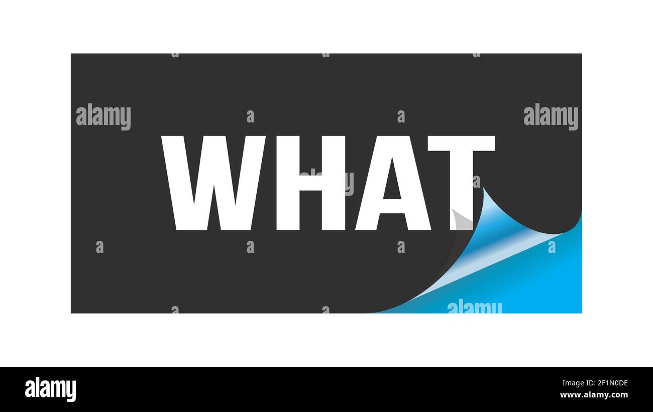 WHAT text written on black blue sticker stamp Stock Photo - Alamy