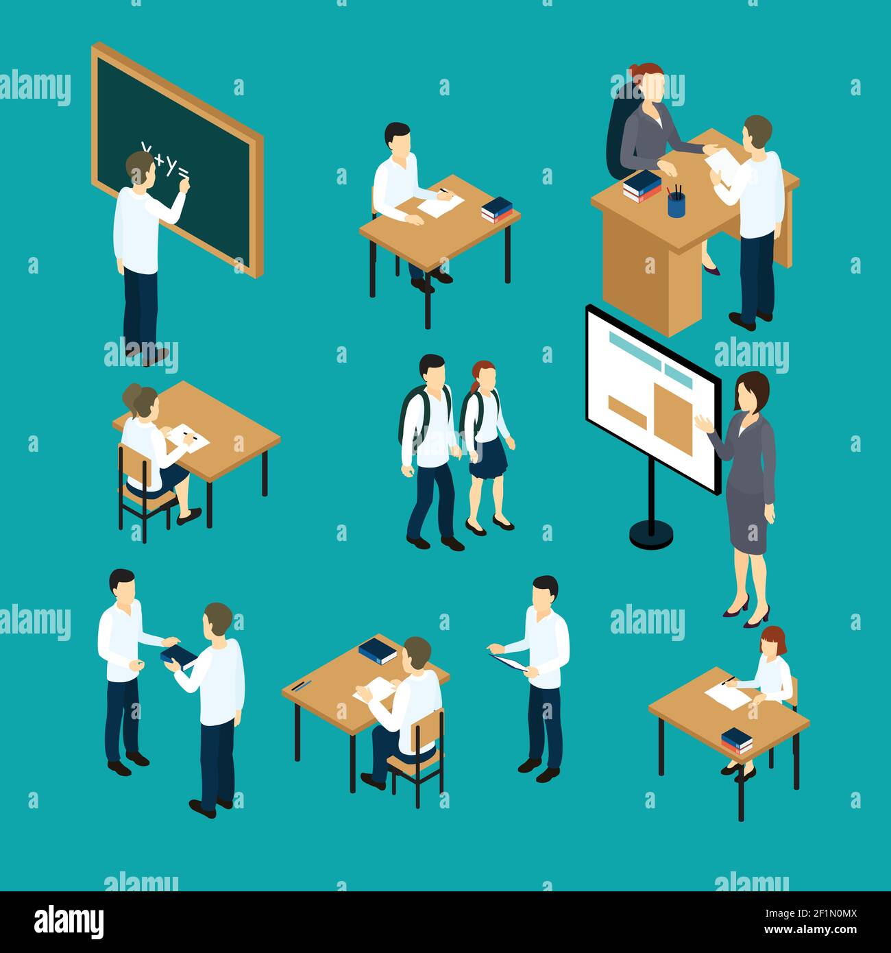 Isometric set of teachers and students with boards and furniture on ...